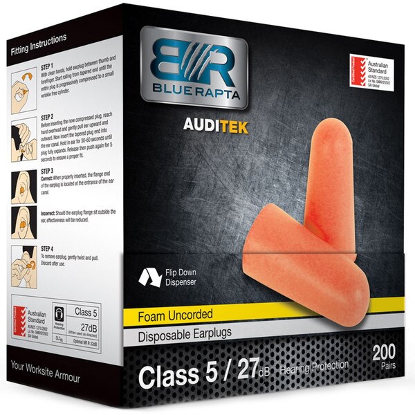 Blue Rapta Auditek 27dB CL5 Uncorded Earplugs (Bx 200pr)
